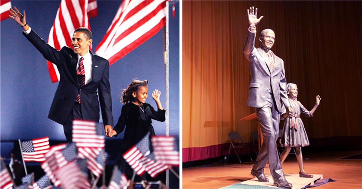 A Waving Barack Obama with Young Sasha Are Forever Memorialized by ...