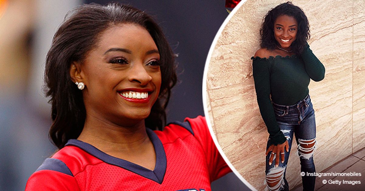 Simone Biles Shows off Her Curls in Green Off-The-Shoulder Top & Ripped ...