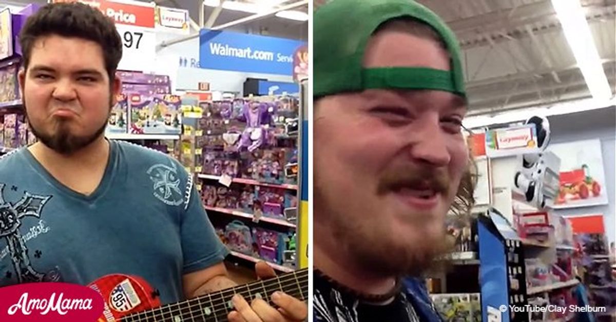 Professional musicians sing a sweet song in Walmart using toy guitar