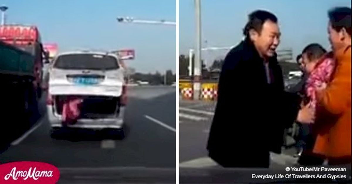 Toddler tries to catch up to his parents after falling out of a moving ...