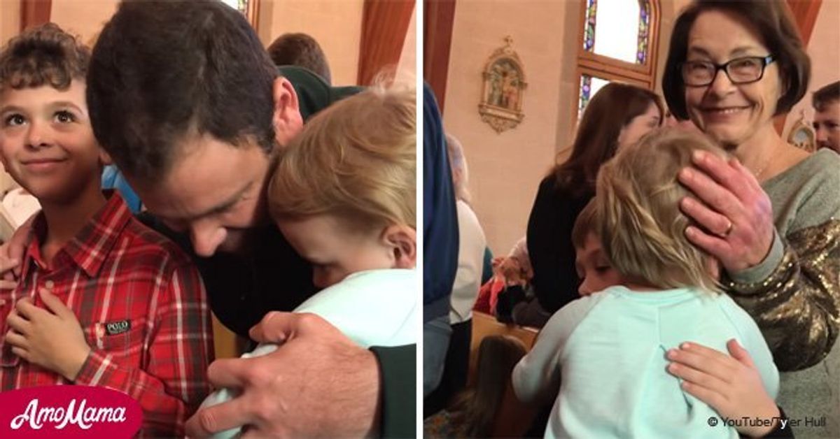 Dad filmed his little girl hugging everyone in church