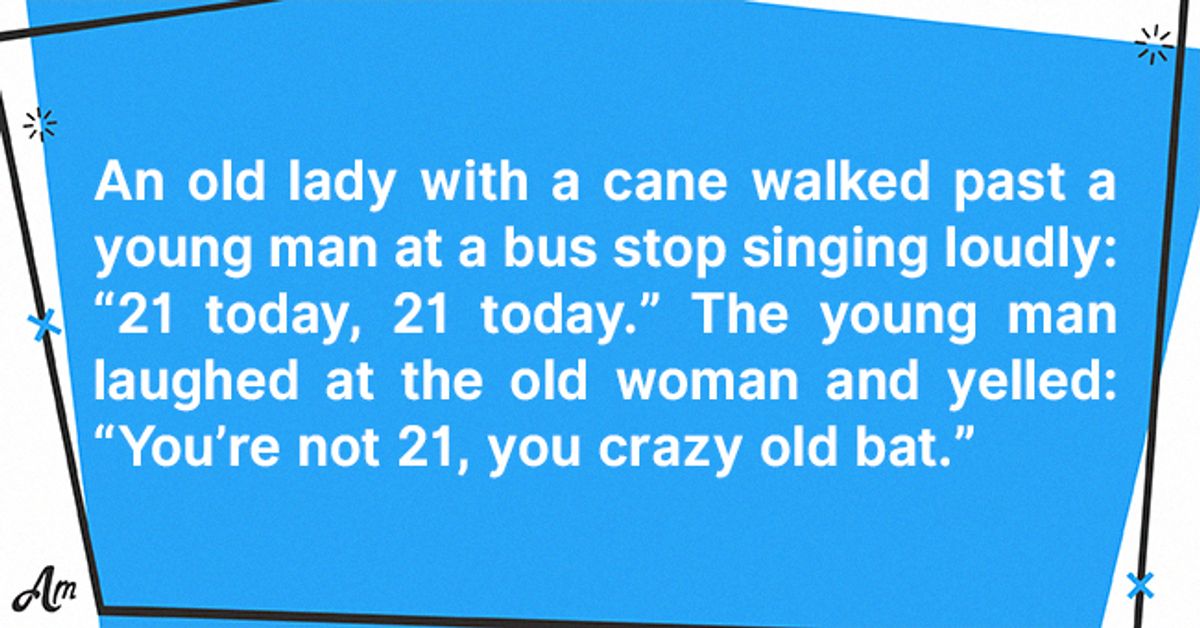 Daily Joke: An Old Lady with a Cane Walks past a Young Man at a Bus Stop