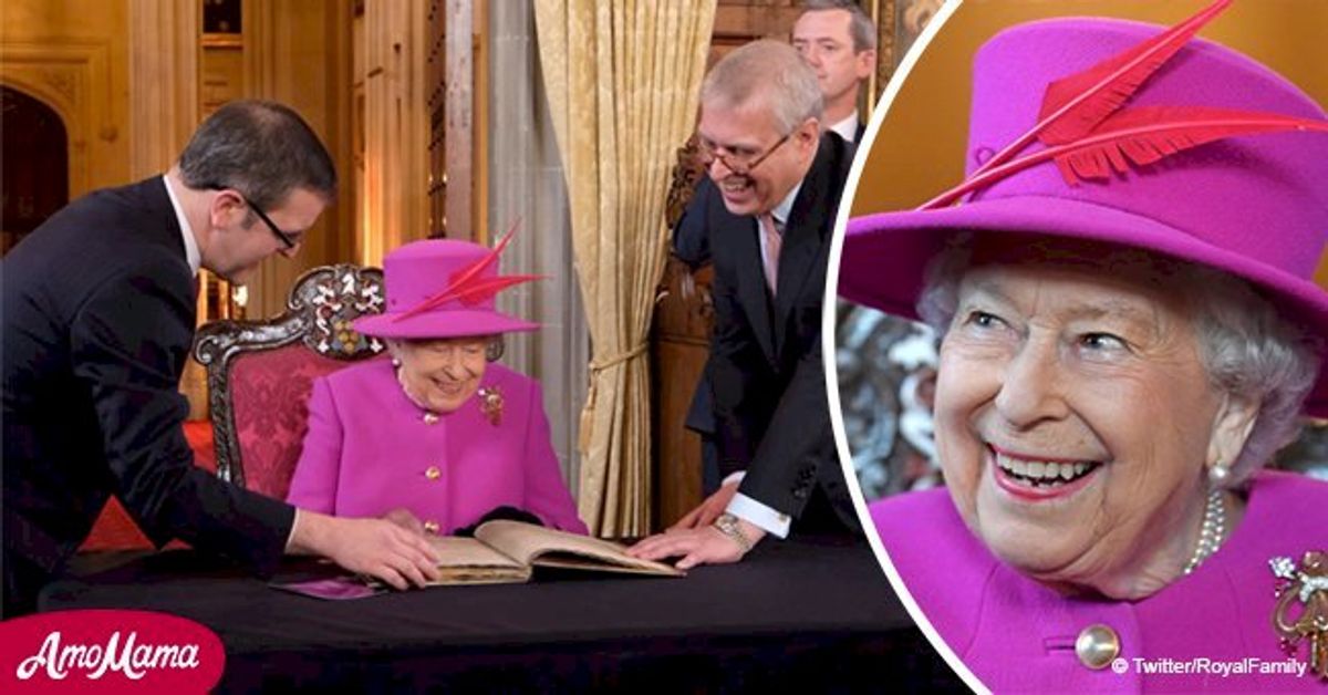 Queen beams in magenta coat to sign a special 'Golden Book' on her last ...
