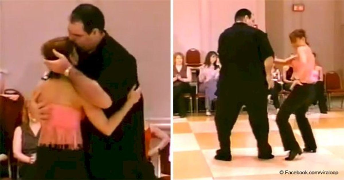 Overweight man takes his partner onto the dance floor in front of ...