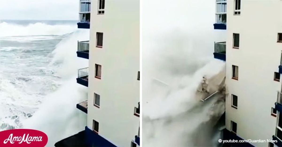 Terrifying moment a huge wave hits a hotel, destroying the third floor ...
