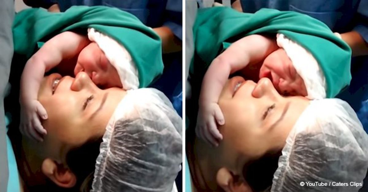 Heartwarming moment of a newborn baby clinging to mother right after ...