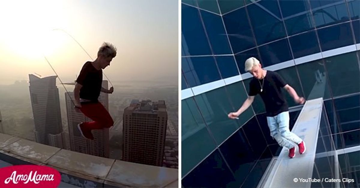 Brave youngster performs unbelievable hops while nearly 900 feet high