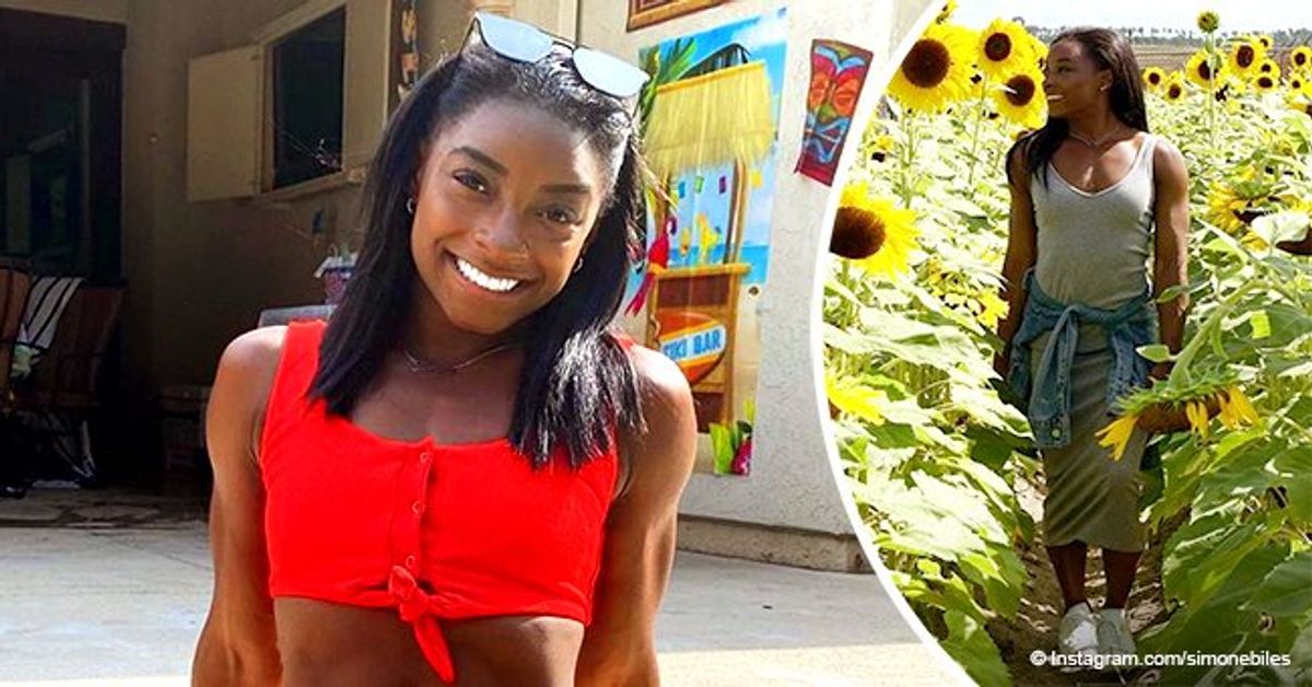 Simone Biles Shows Her Chest Piercing in a Green Dress While Posing in ...