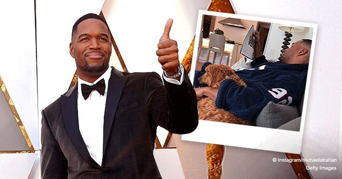 Michael Strahan of NFL Relaxes with His Cute Dog Wearing Bathrobe at ...